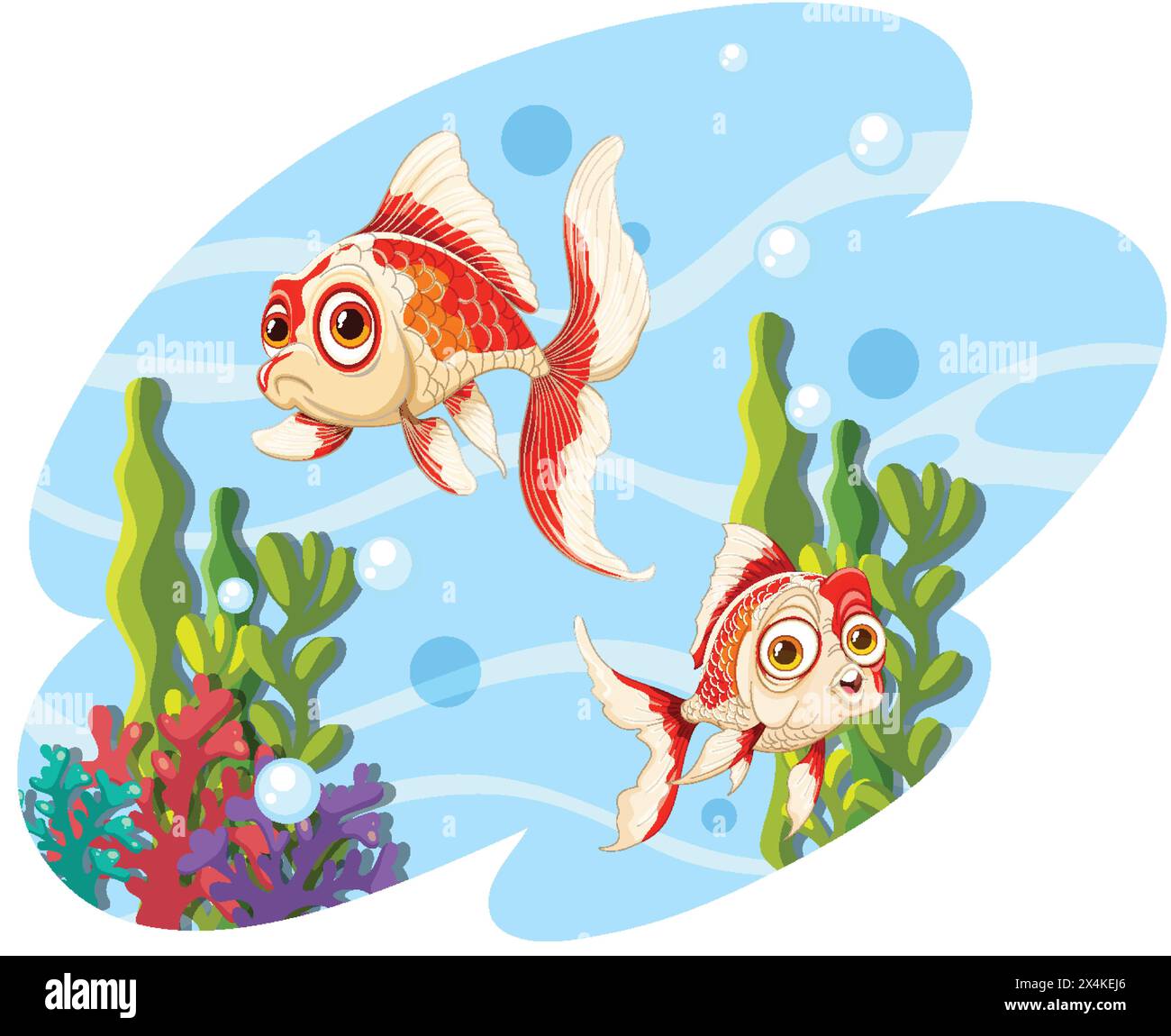 Two cartoon goldfish swimming in a vibrant underwater scene Stock ...