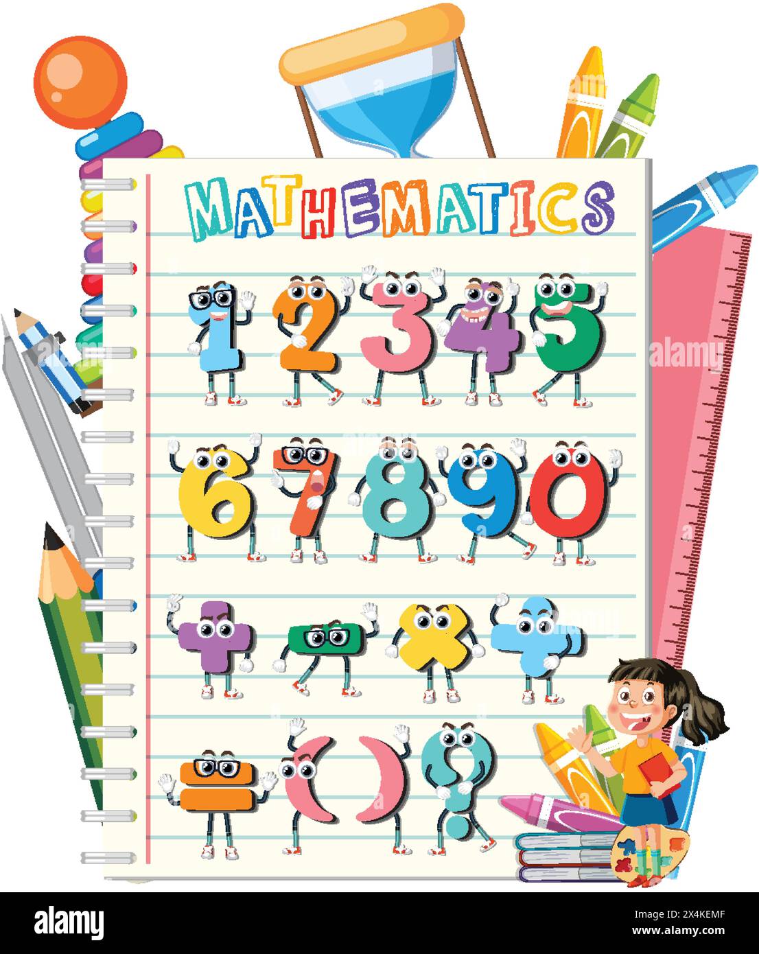 Cartoon girl studying with playful number characters Stock Vector Image ...