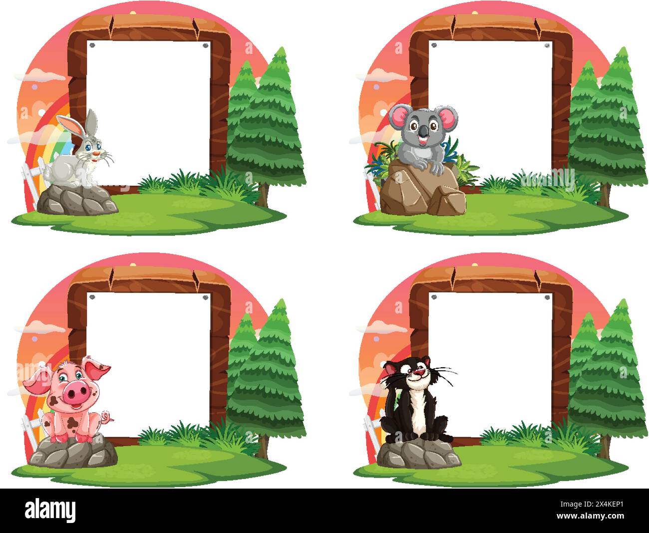 Cartoon animals in frames with vibrant forest backdrops Stock Vector ...