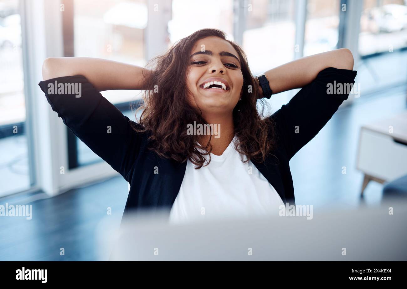 Businesswoman, smile and stretching on break as web developer in ...