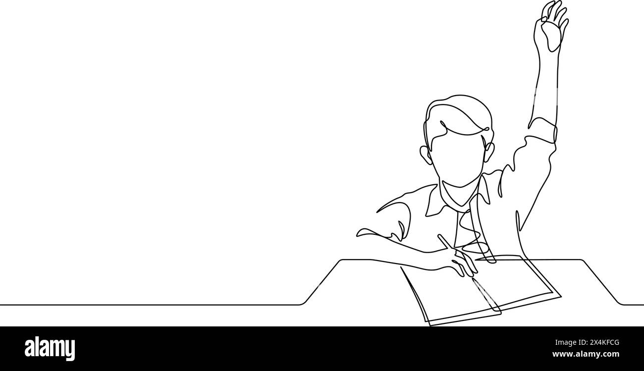 one line drawing of boy school children raising hand for signal answer ...