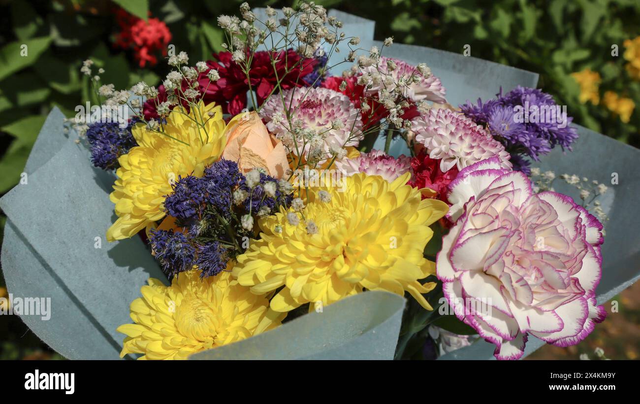 Beautiful Bouquet of colorful flowers chrysanthemums, carnations, roses ...