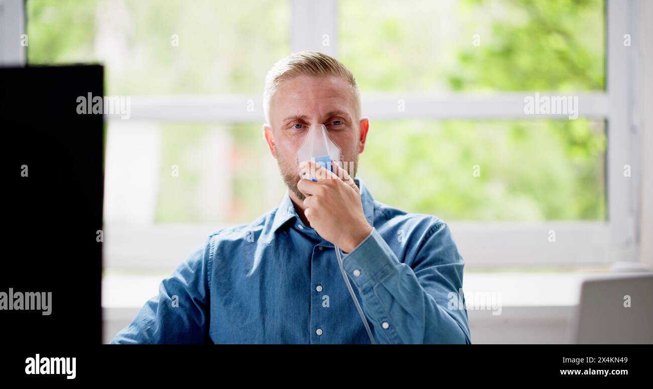 Asthma Patient Breathing Using Oxygen Mask And COPD Nebulizer Stock ...