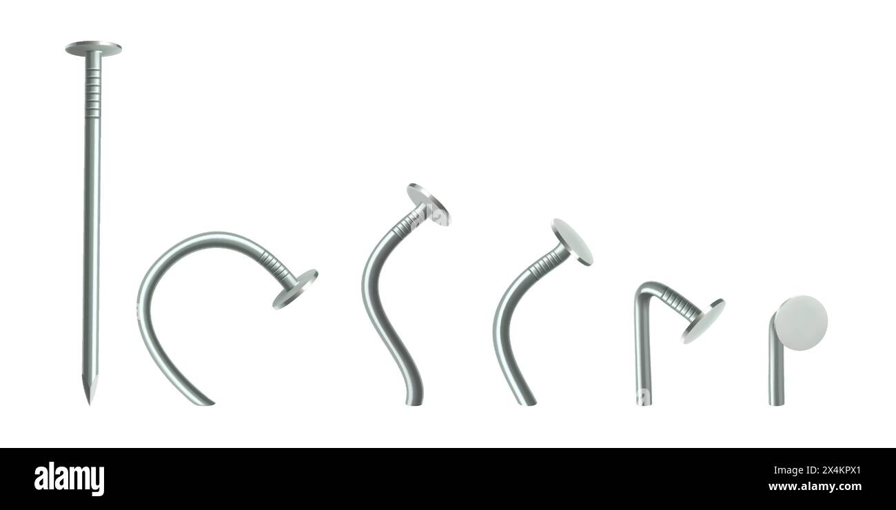 Straight and bent metal nails isolated on white background. Steel and ...