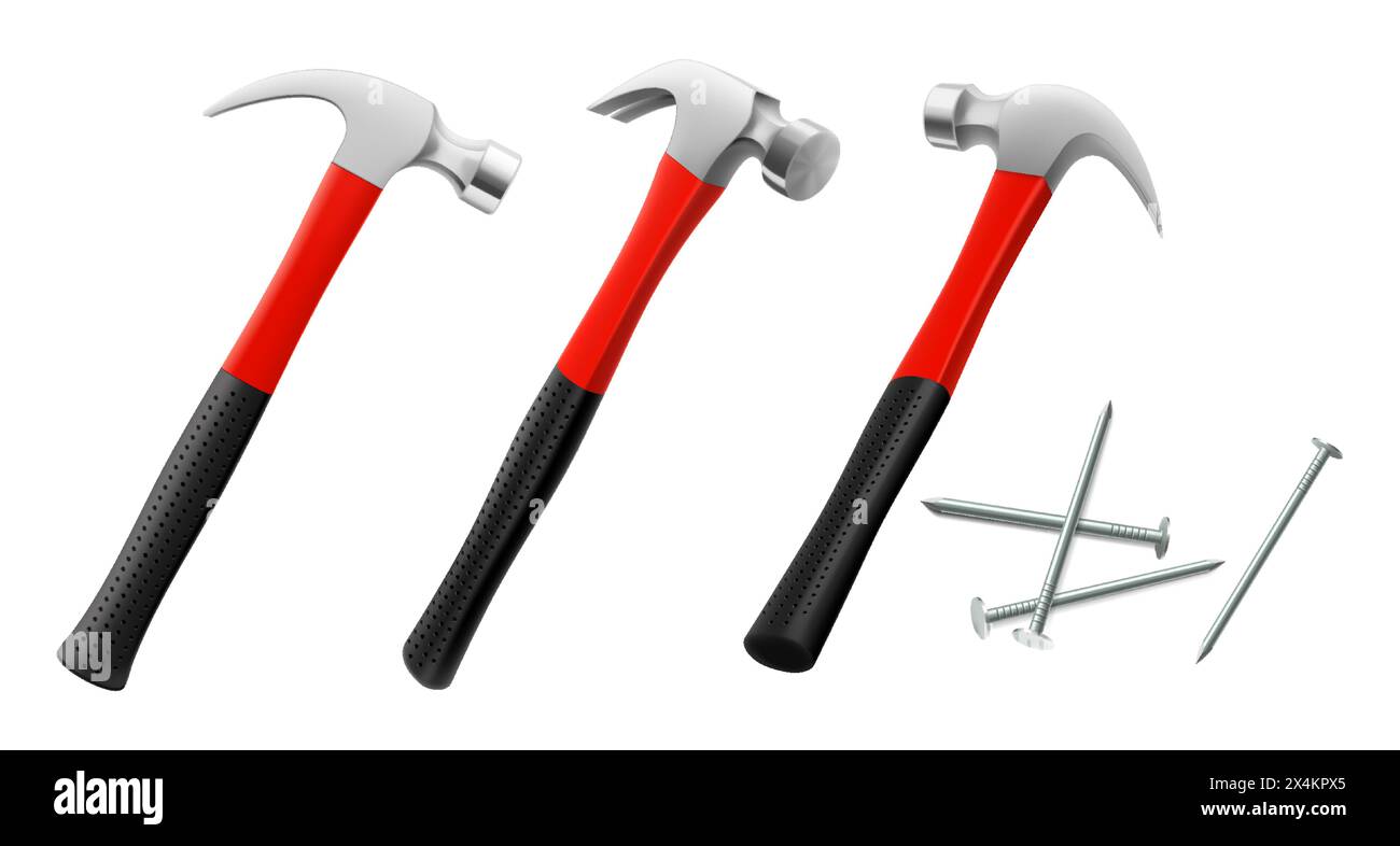 Carpenter's hammers with nails, isolated on white background. Fitter's ...