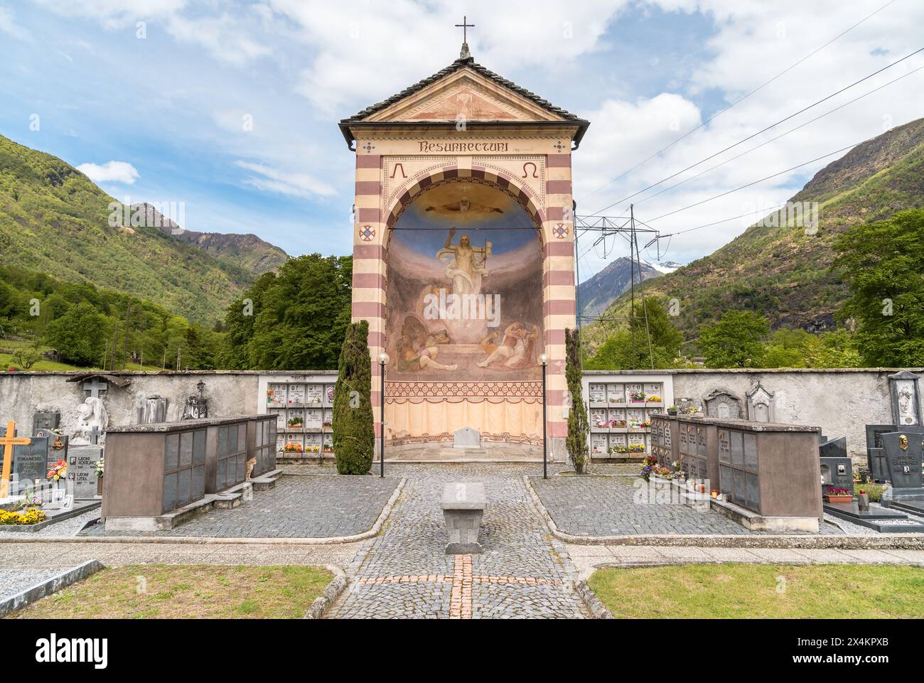 Moghegno, Maggia, Switzerland - April 3, 2024: View of the cemetery ...