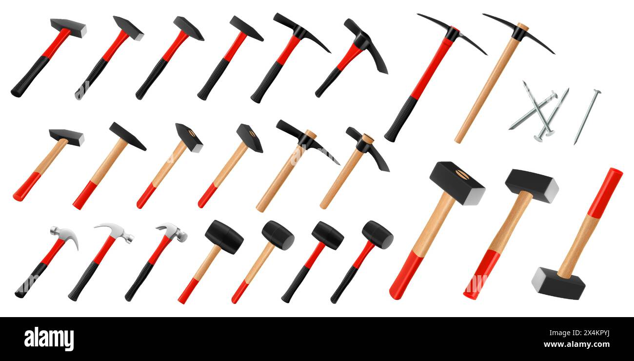 Set of hammers and pickaxe, sledge hammers, rubber mallets, steel nails ...