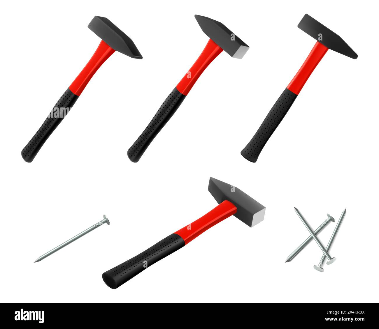 Locksmith's hammers with nails, isolated on white background. Fitter's ...