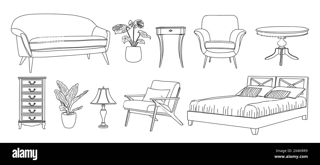 Collection of elegant vintage furniture line art Stock Vector Image ...