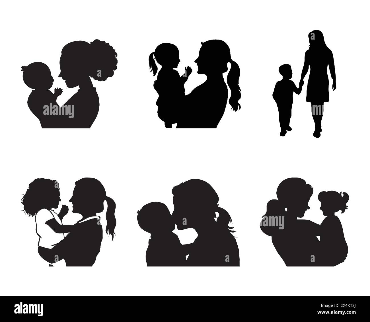 Mom And Son Or Mother And Son Black Silhouettes Vector Illustration Happy Mothers Day Concept