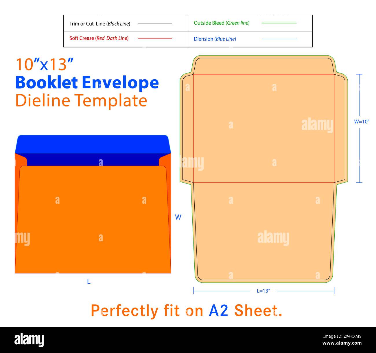 Booklet Envelope W 10, L 13 Inches Die line Template. Overall, a ...
