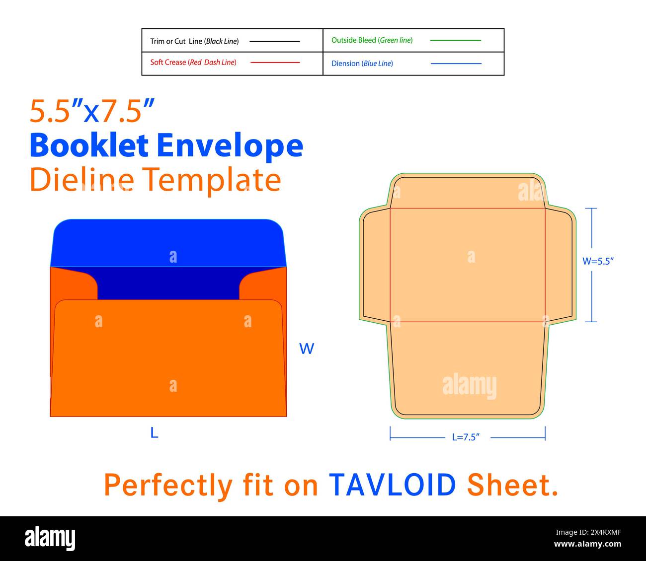 Booklet Envelope W 5.5, L 7.5 Inches Die line Template. Overall, a ...
