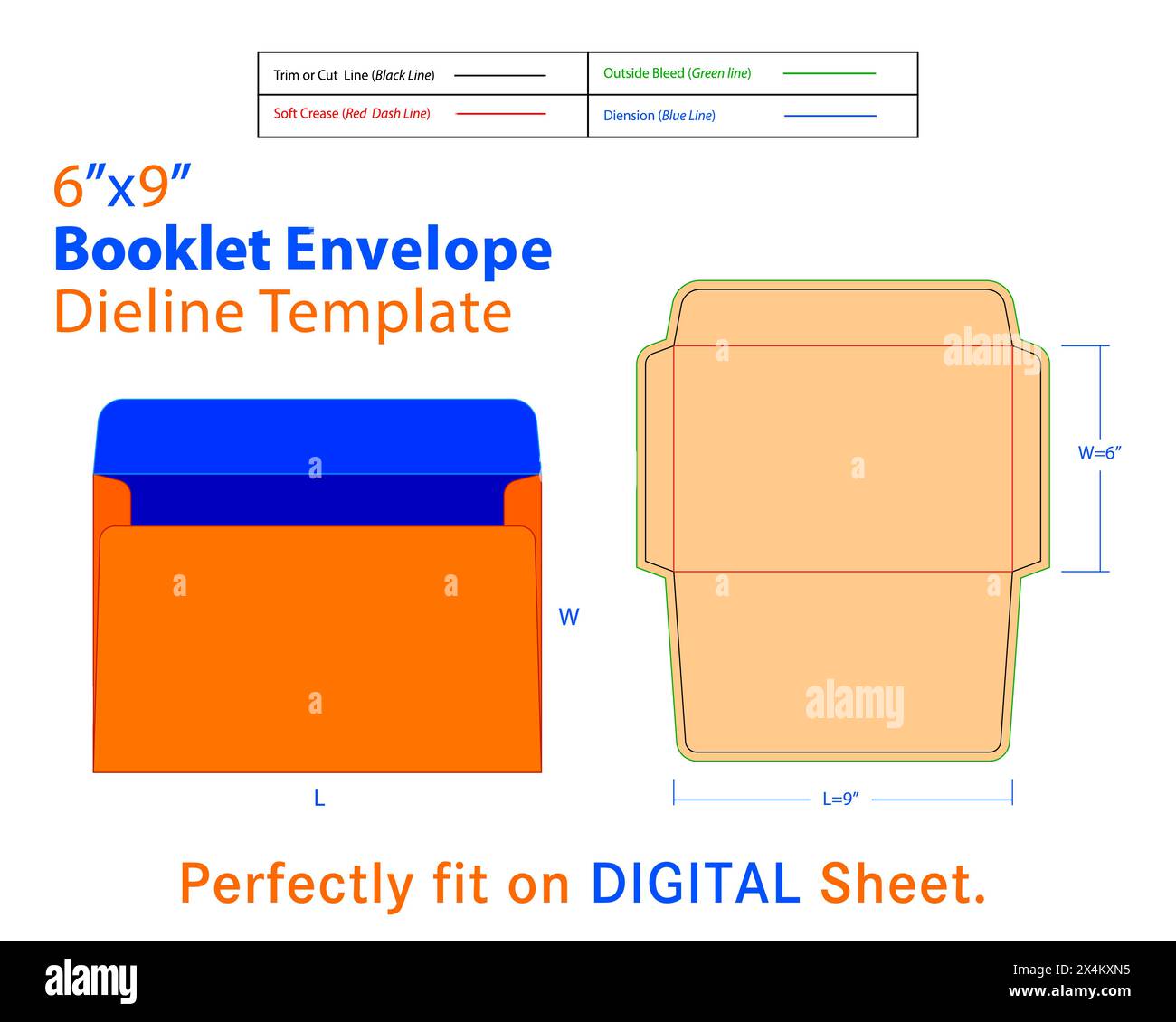 Booklet Envelope W 6, L 9 Inches Die line Template. Overall, a business ...