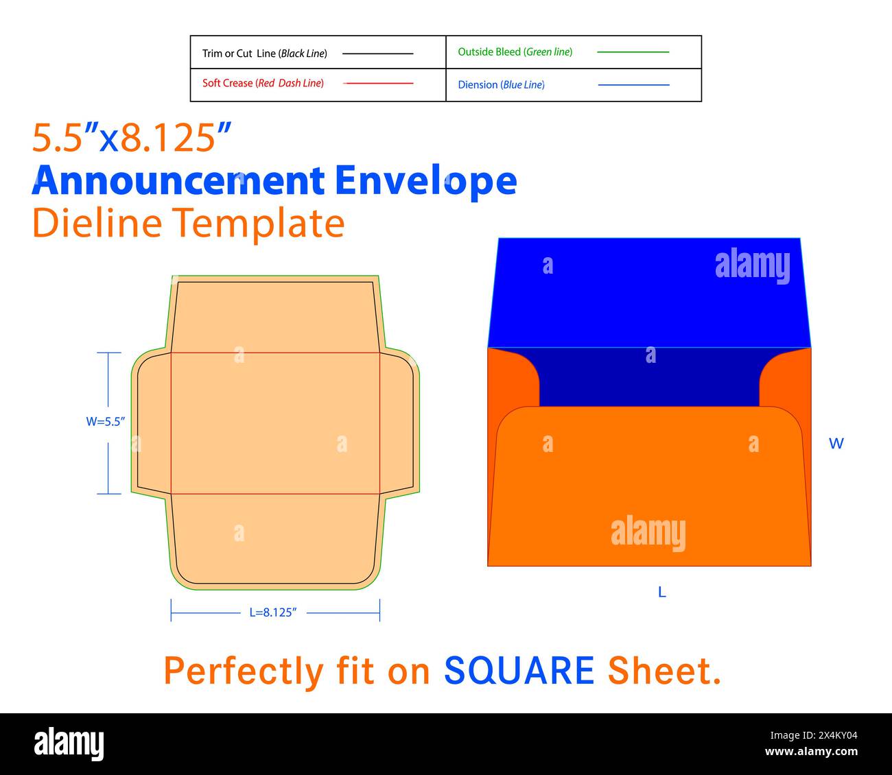 A-8 Announcement Envelope Die line Template With 3D design. Editable ...