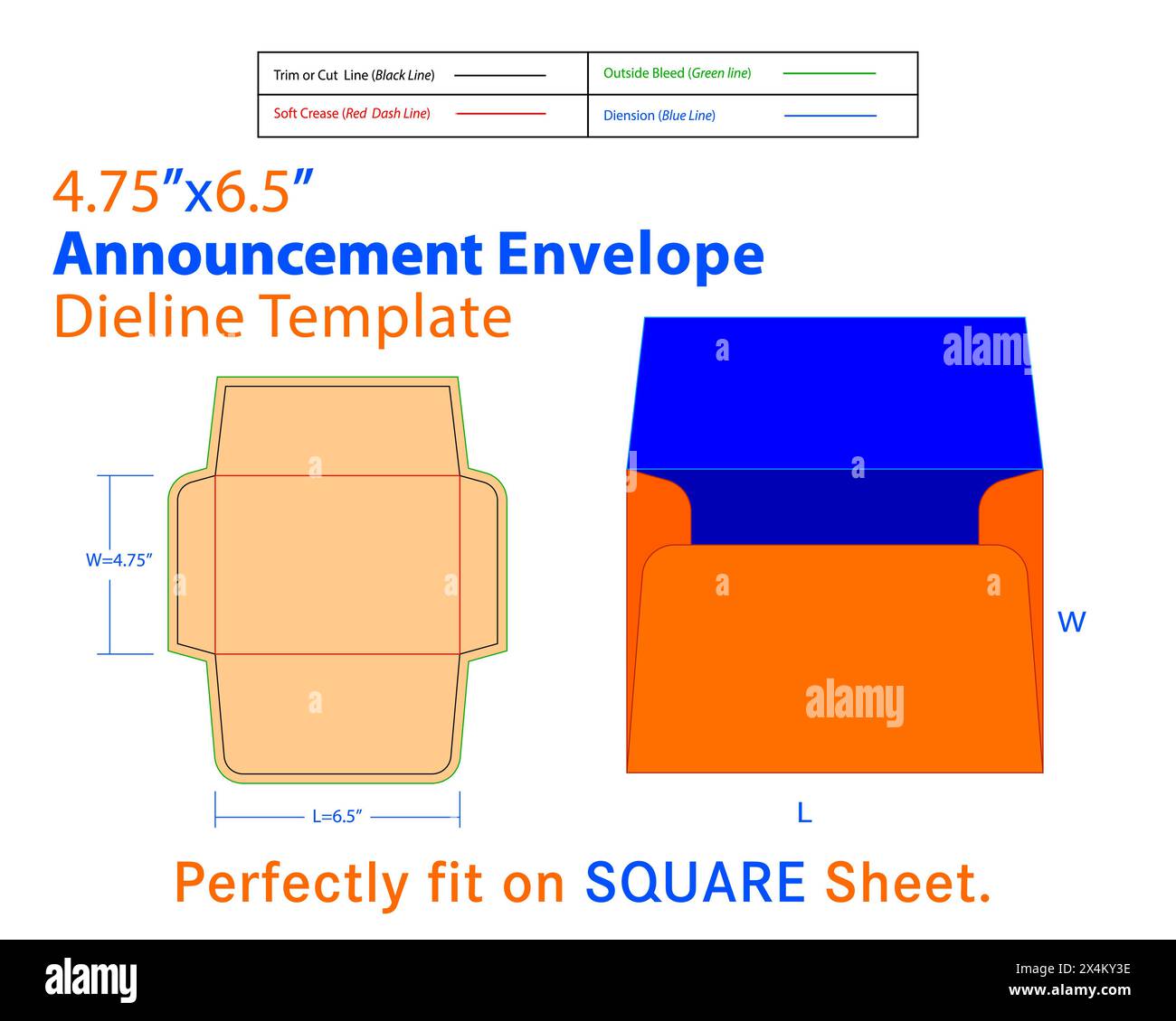 A-6 Announcement Envelope Die line Template With 3D design. Editable ...