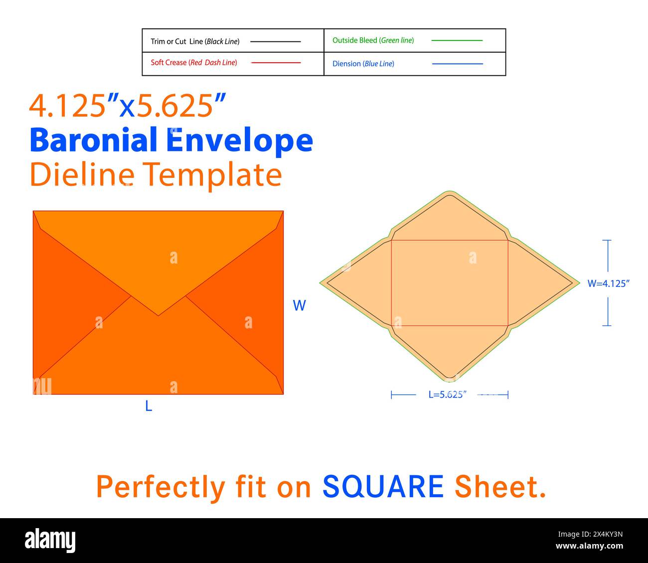 Baronial Envelope W 4.125, L 5.625 Inches Die line Template. A baronial ...