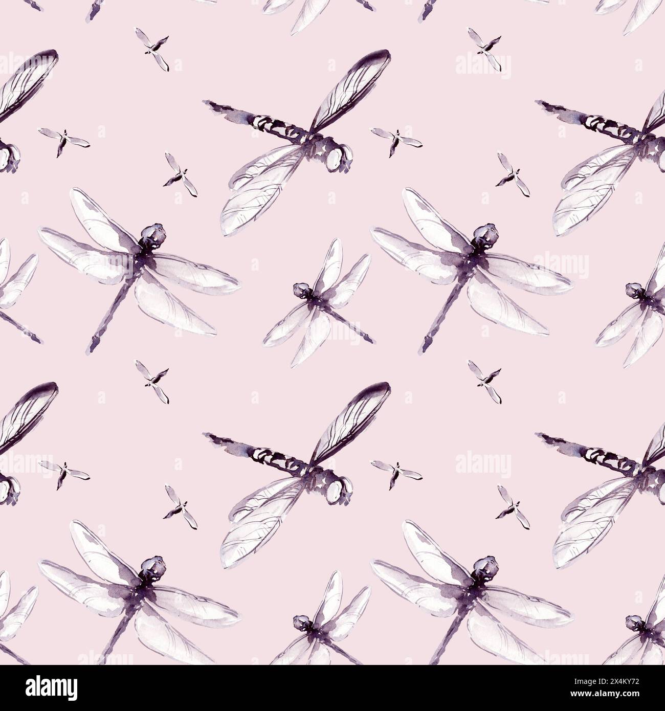 seamless pattern with summer dragonfly insect, monochrome watercolor ...
