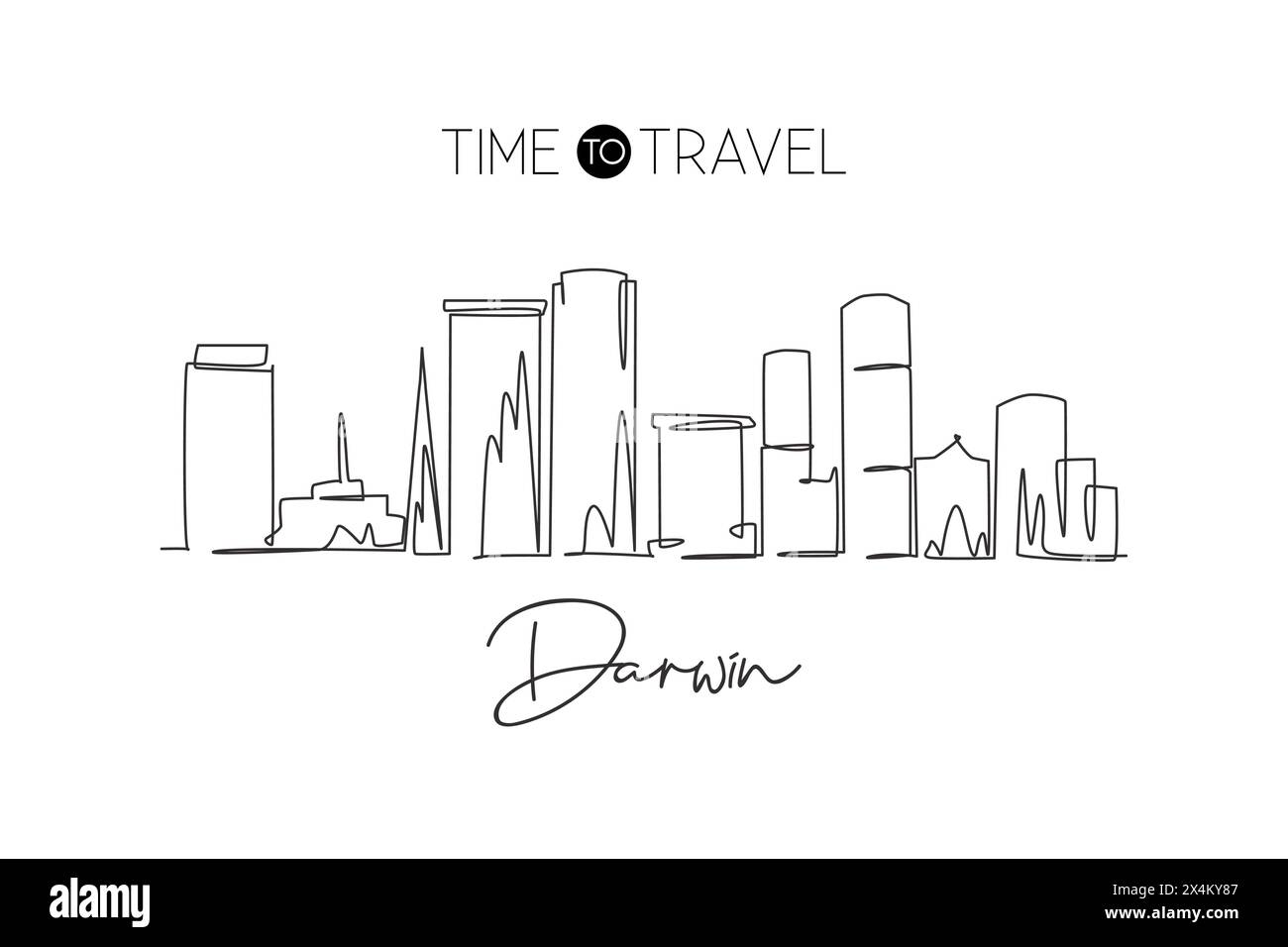 Single continuous line drawing Darwin city skyline, Australia. Famous ...
