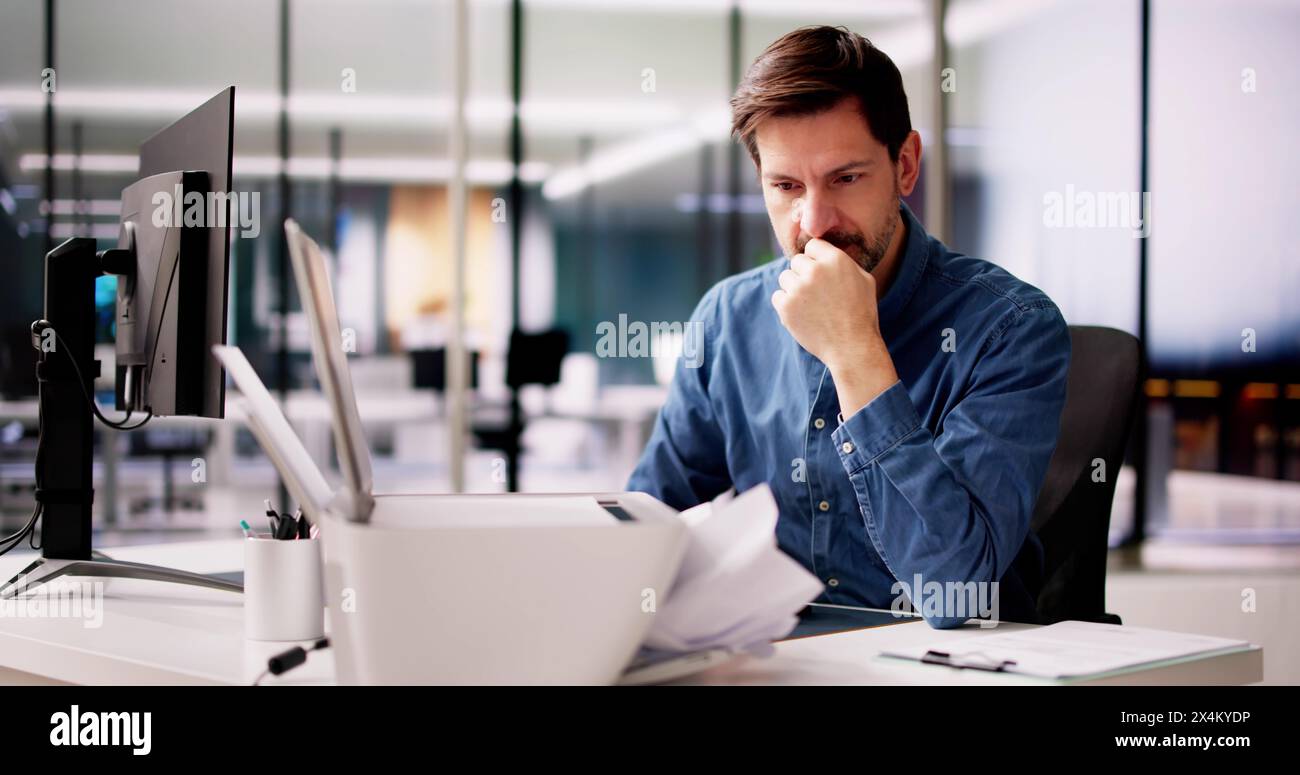 Broken Printer Problem. Man Tried To Fix Broken Photocopier Stock Photo ...