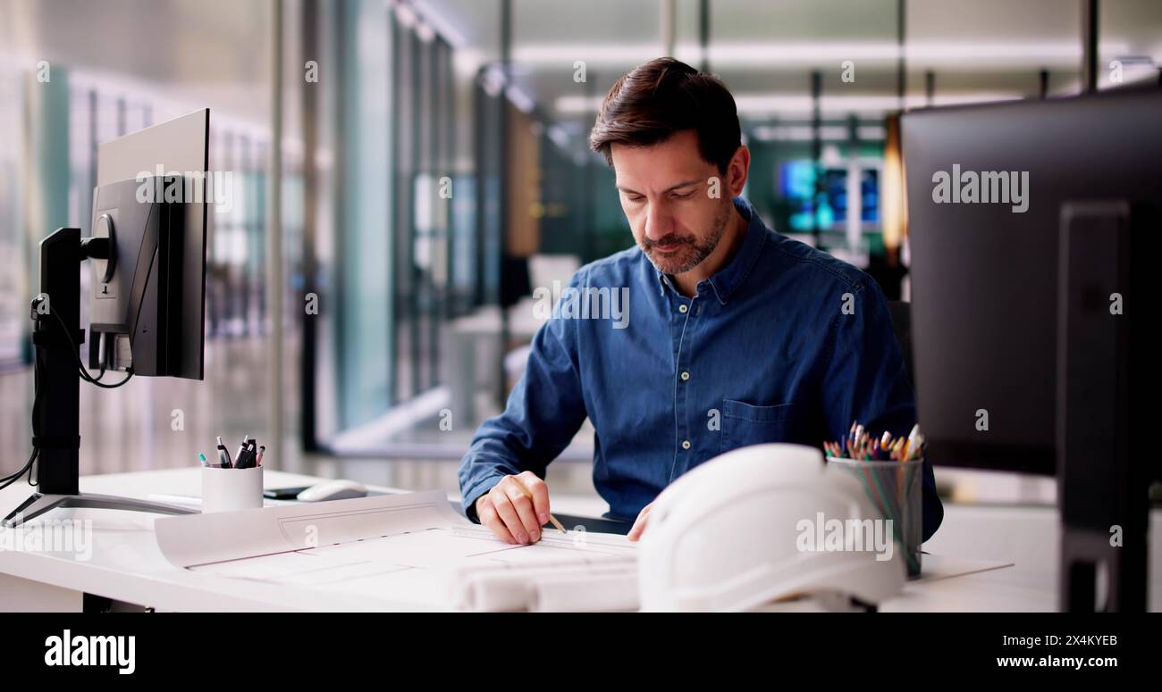 Civil Engineer Drawing Architecture Plan And Construction Design Stock ...