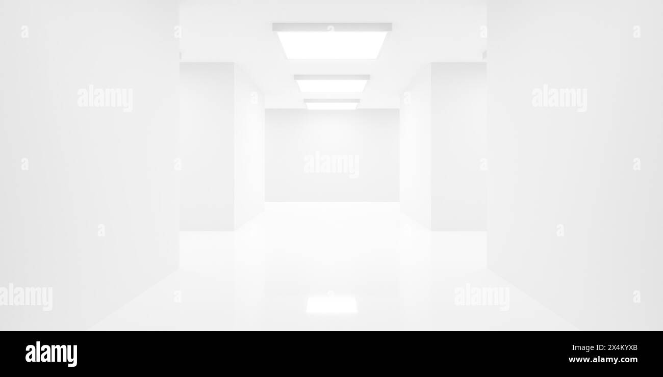Abstract empty, modern white hallway crossing with square lights on the ...