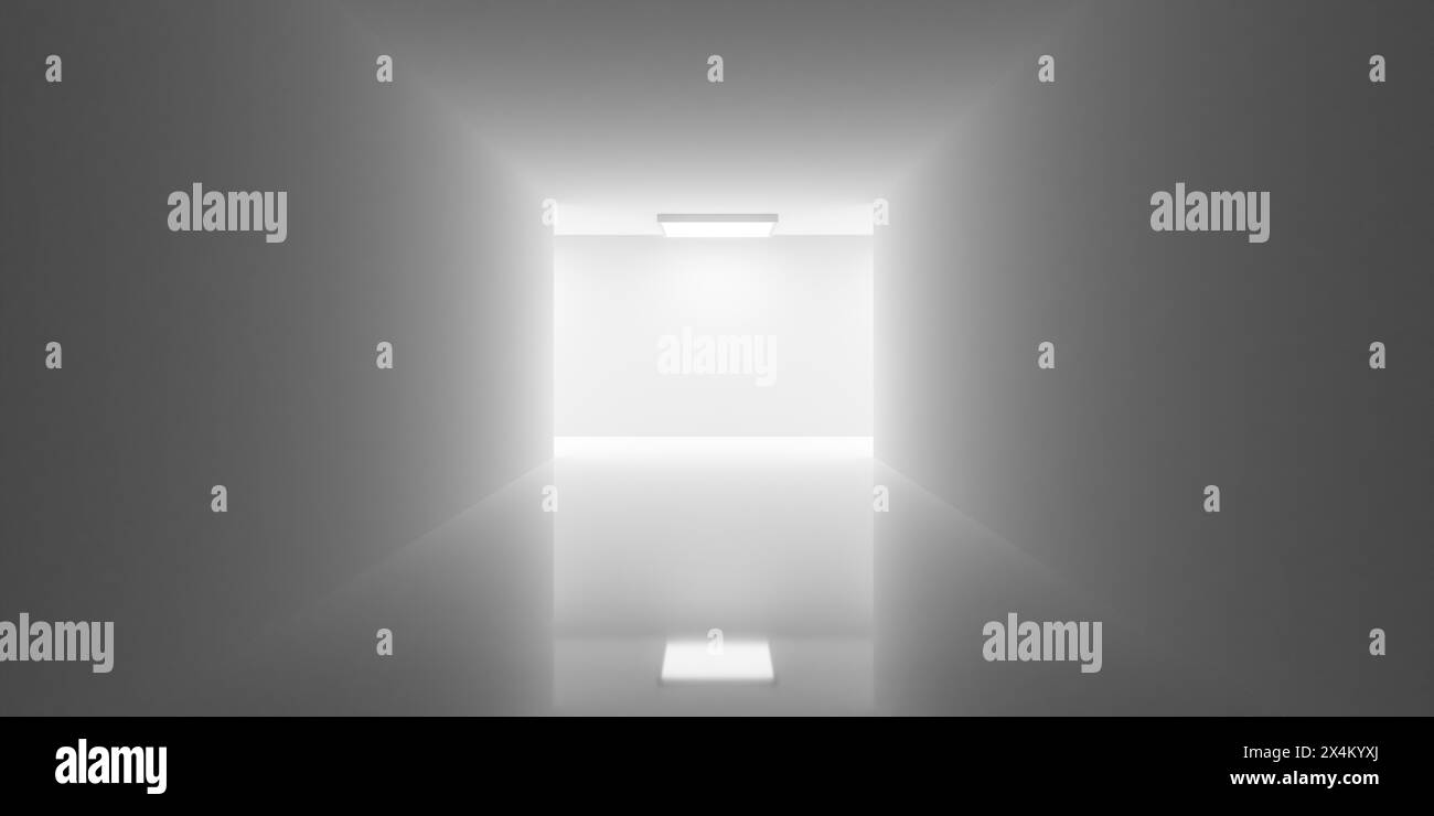 Abstract empty, modern dark white hallway crossing with square light ...