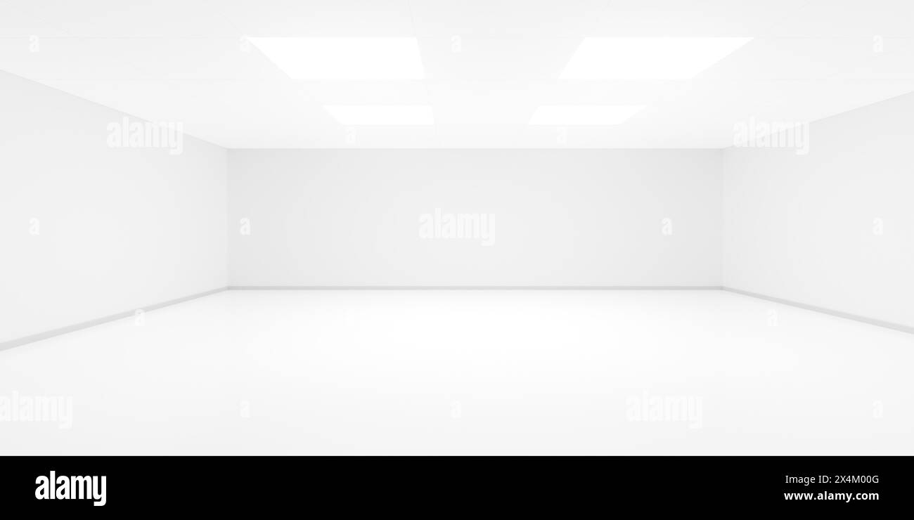 Empty white interior room with four inset ceiling lights, modern ...
