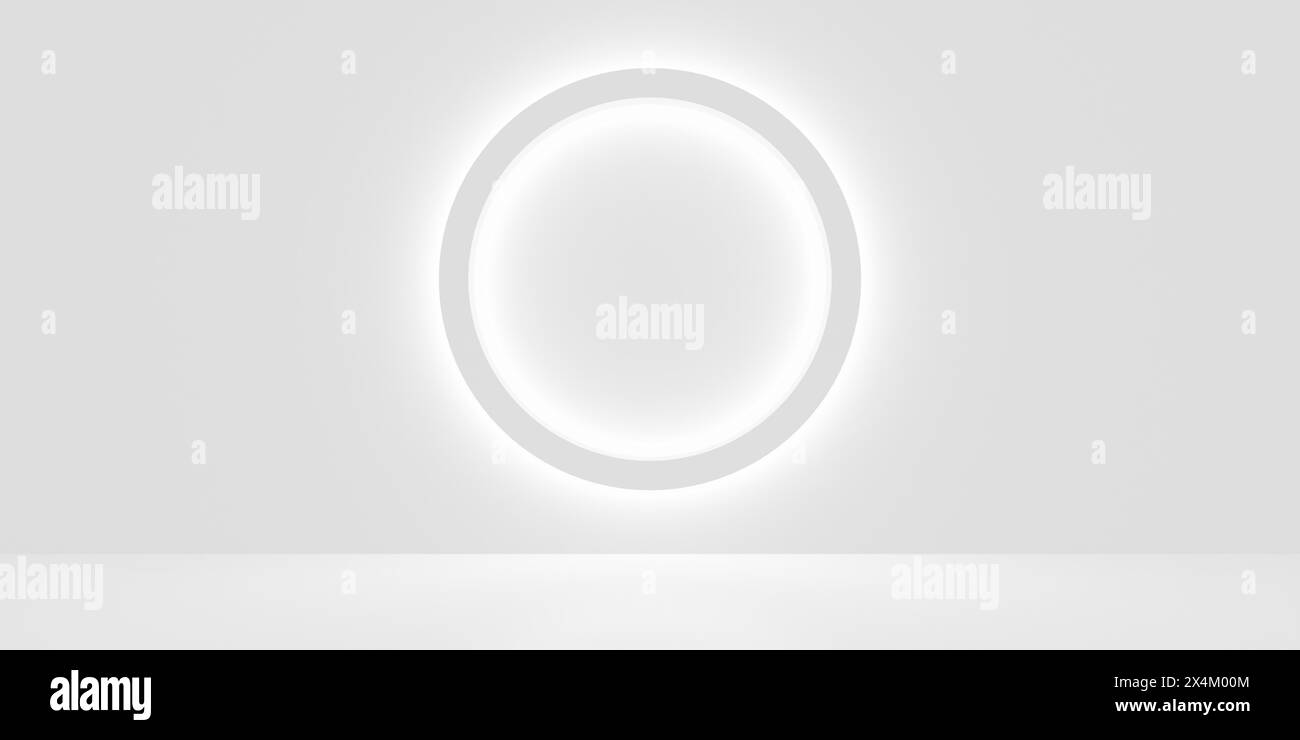 White empty, blank, clean room with ring shaped backlit geometric shape ...