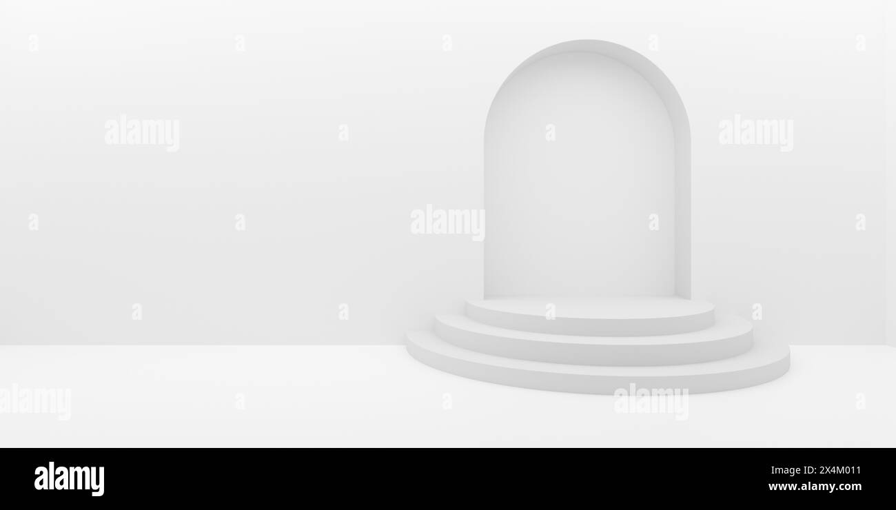 Empty white interior room with round platform and recess in back wall ...