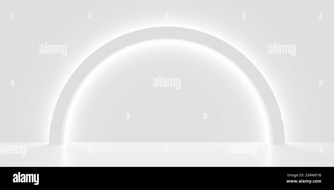 White empty, blank, clean room with half ring shaped backlit geometric ...