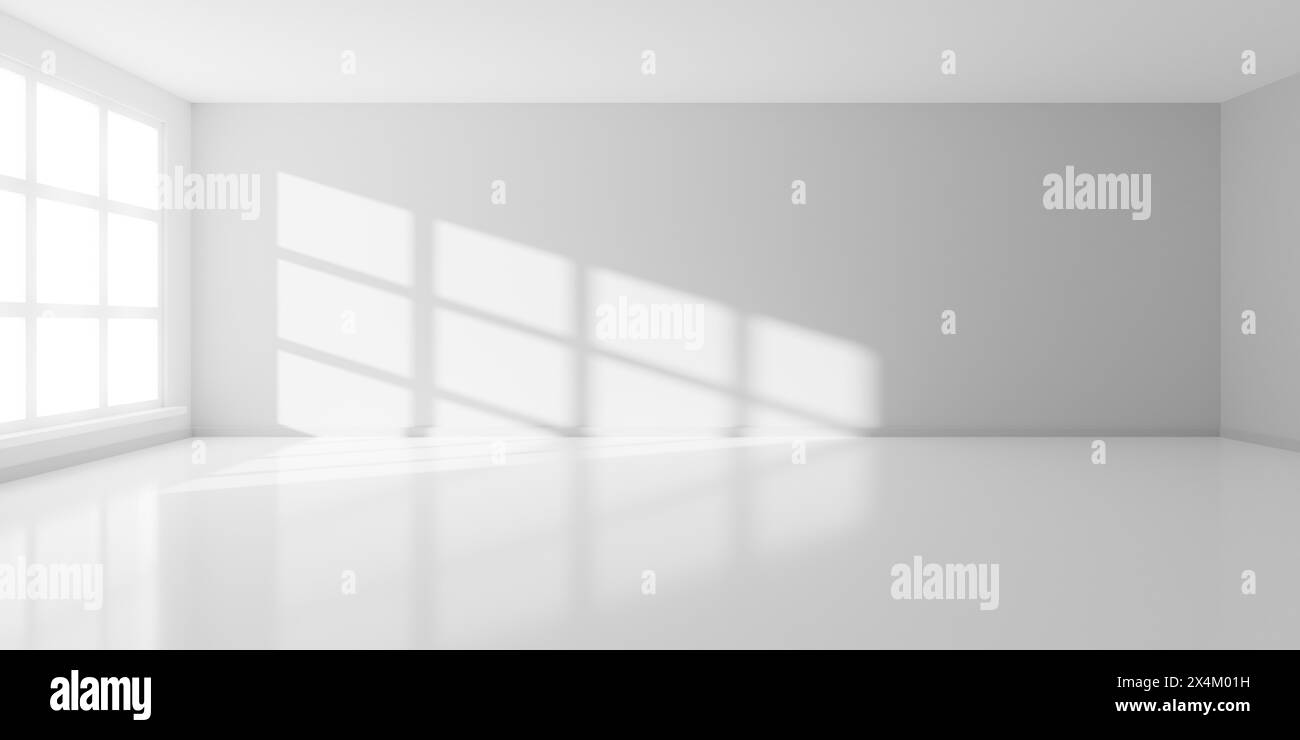 Empty white interior room with sun shining thru large window and ...
