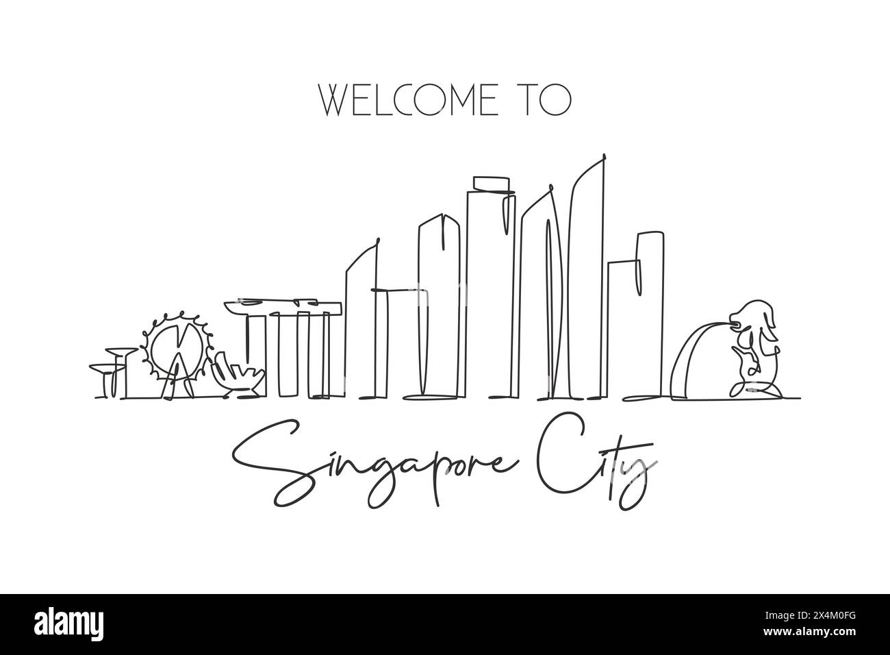 Single continuous line drawing of Singapore city skyline. Famous city scraper and landscape ...