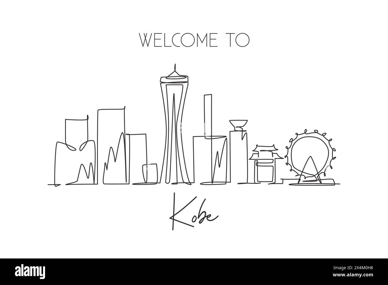 One single line drawing of Kobe city skyline, Japan. Historical town ...