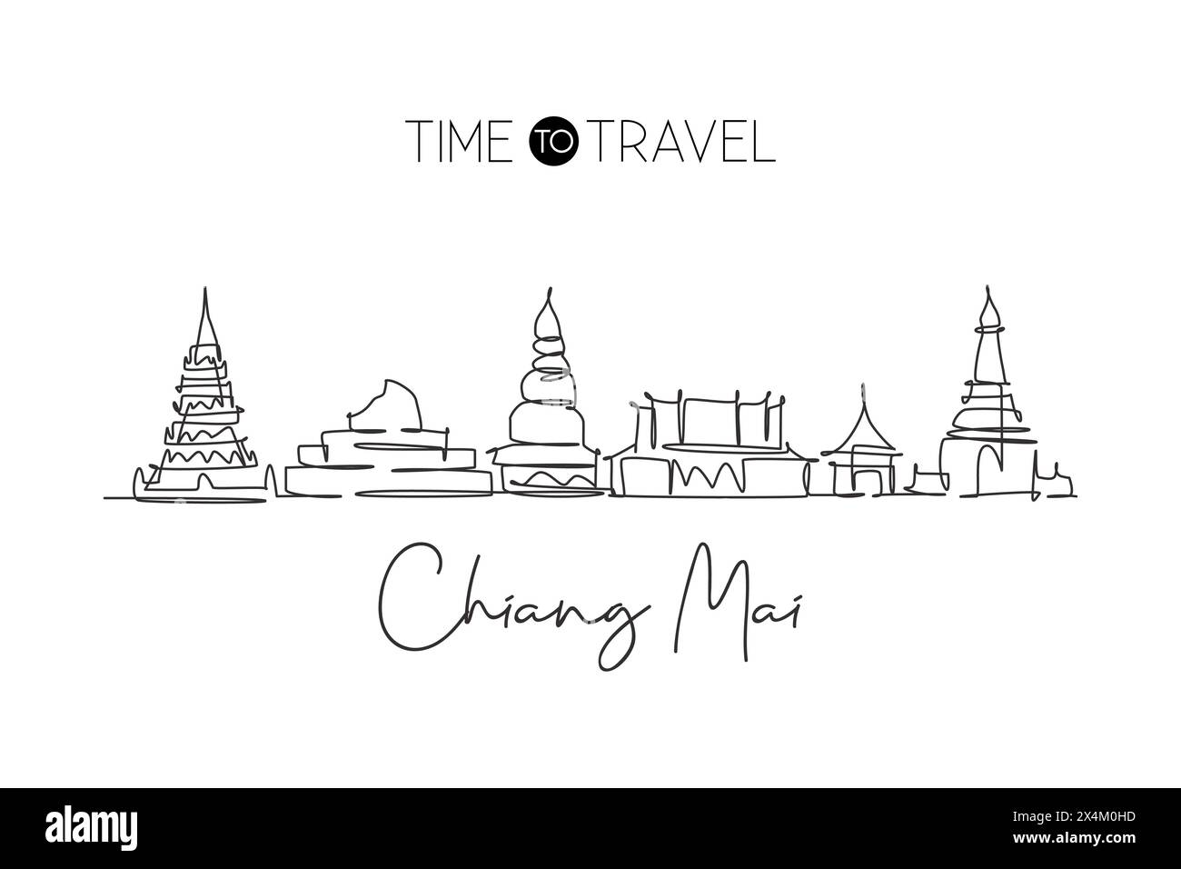 One continuous line drawing Chiang Mai city skyline, Thailand ...