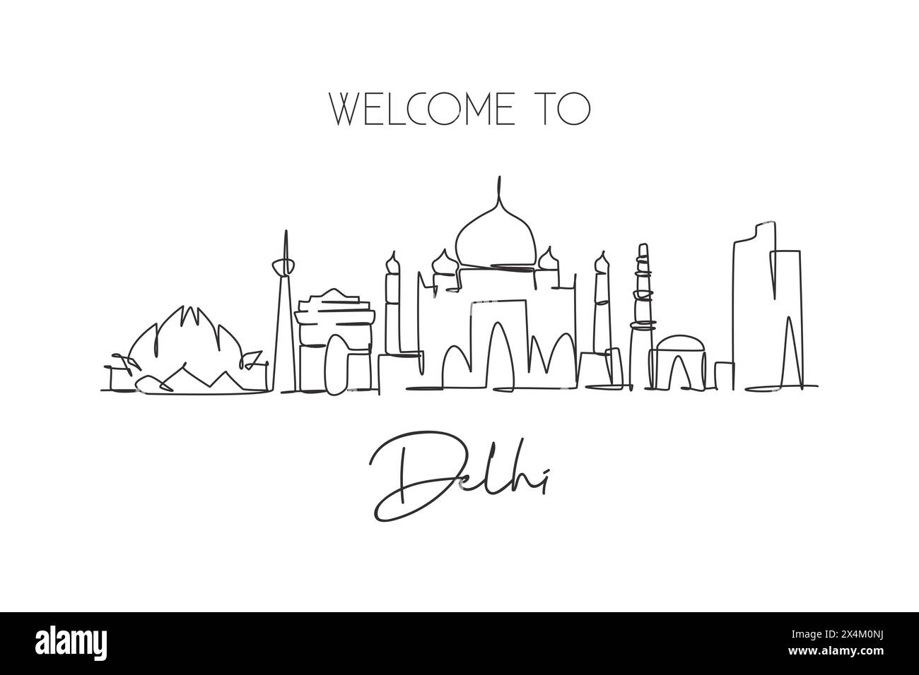 One single line drawing of Delhi city skyline, India. Historical town ...