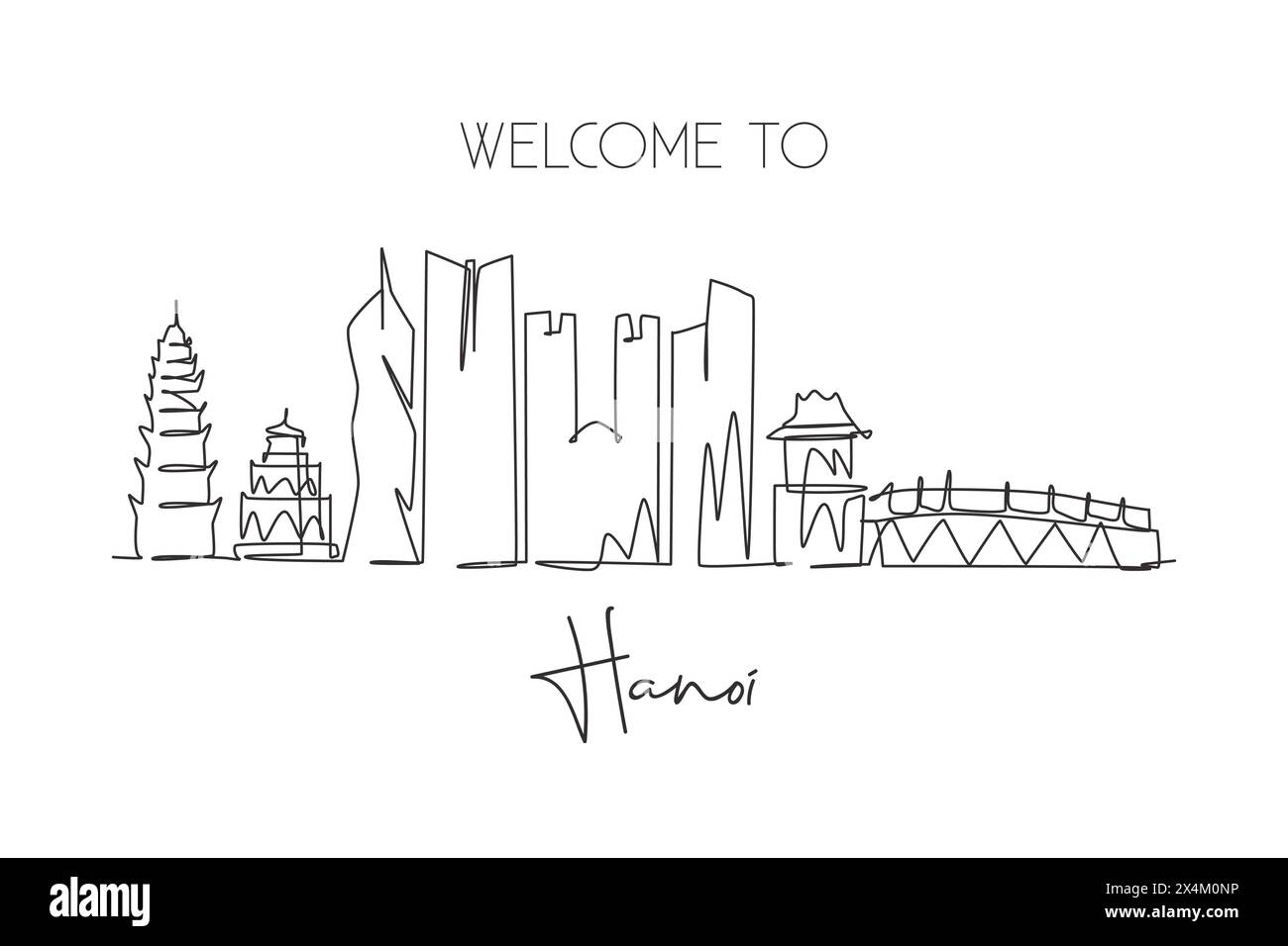 One single line drawing of Hanoi city skyline, Vietnam. Historical town ...