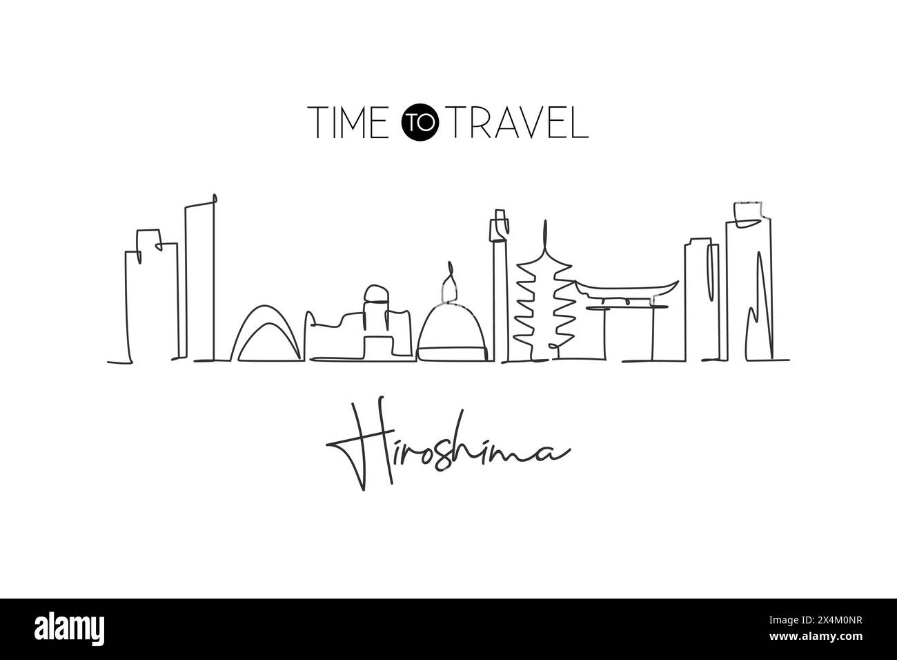 One single line drawing of Hiroshima city skyline, Japan. Historical ...