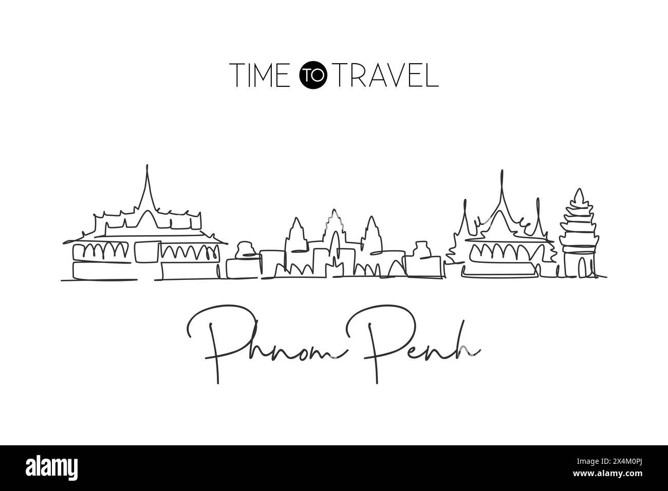 One continuous line drawing Phnom Penh city skyline, Cambodia ...