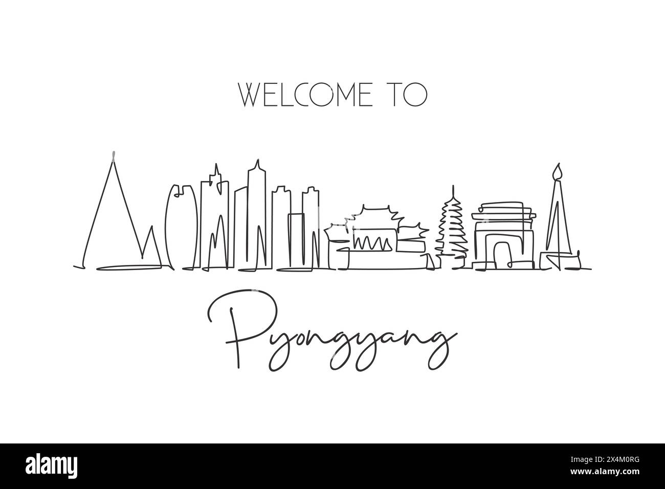 One single line drawing Pyongyang city skyline North Korea. Historical ...