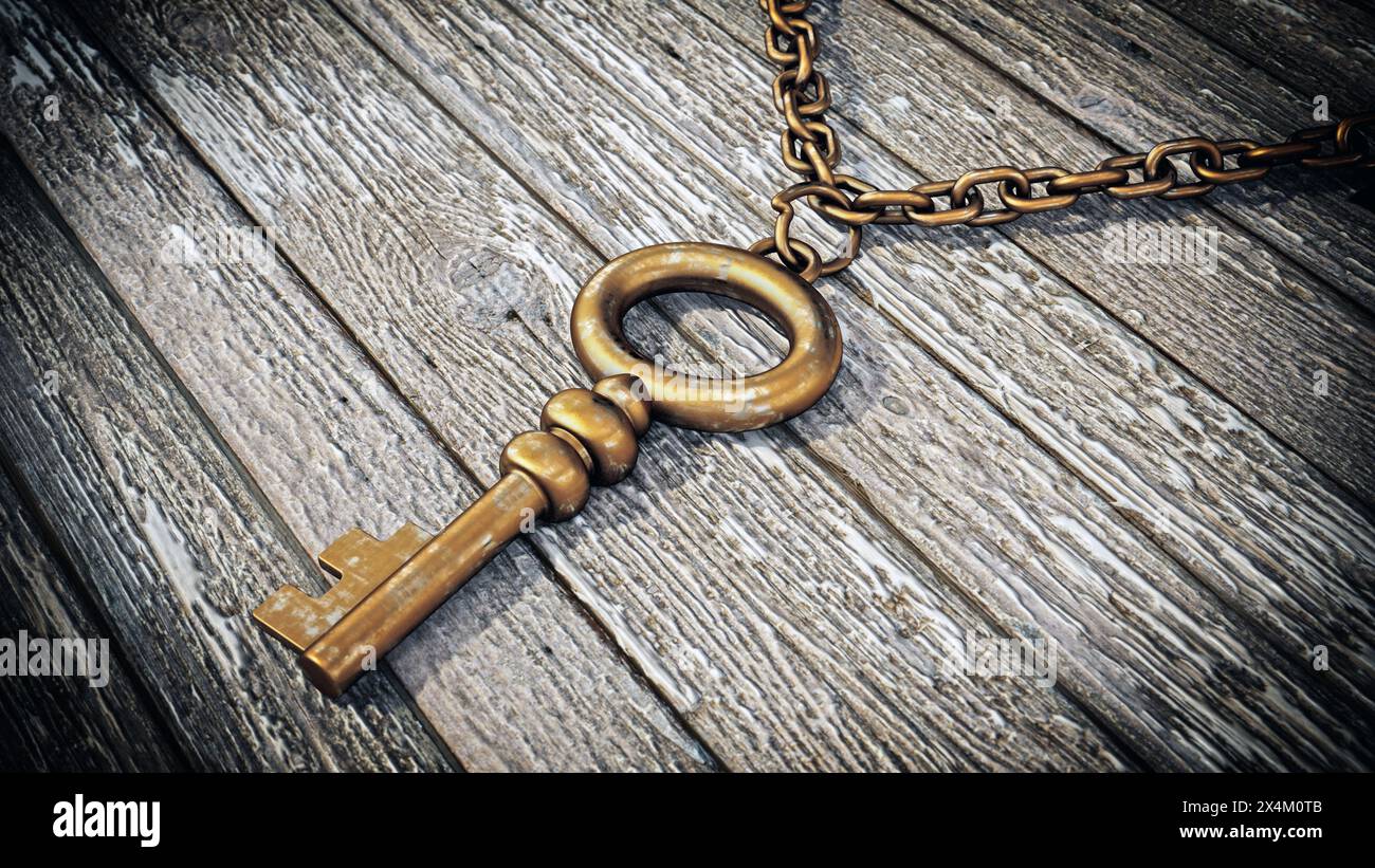 Vintage brass key standing on old wood. 3D illustration Stock Photo - Alamy