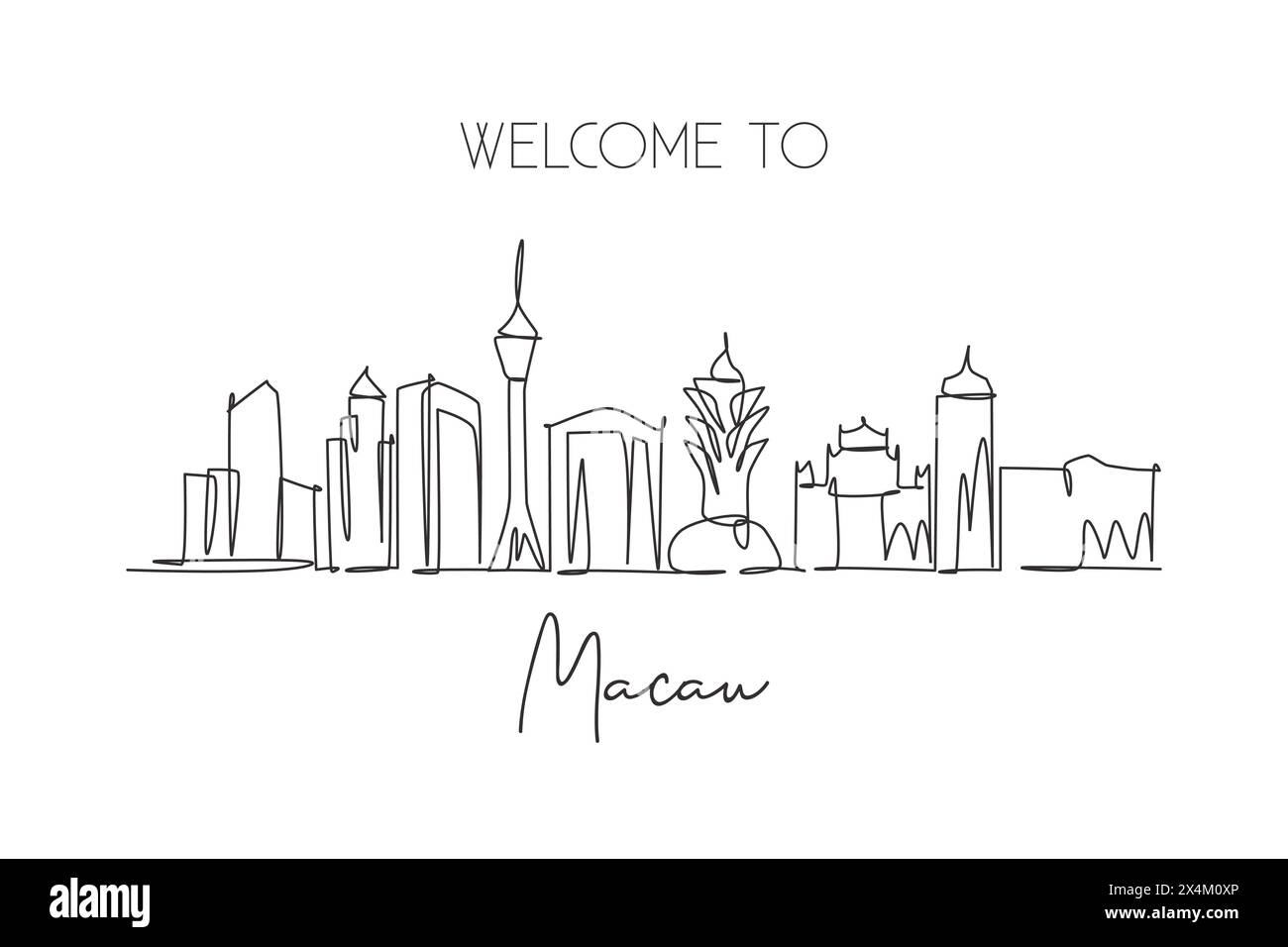 One single line drawing of Macau city skyline, China. Historical town ...