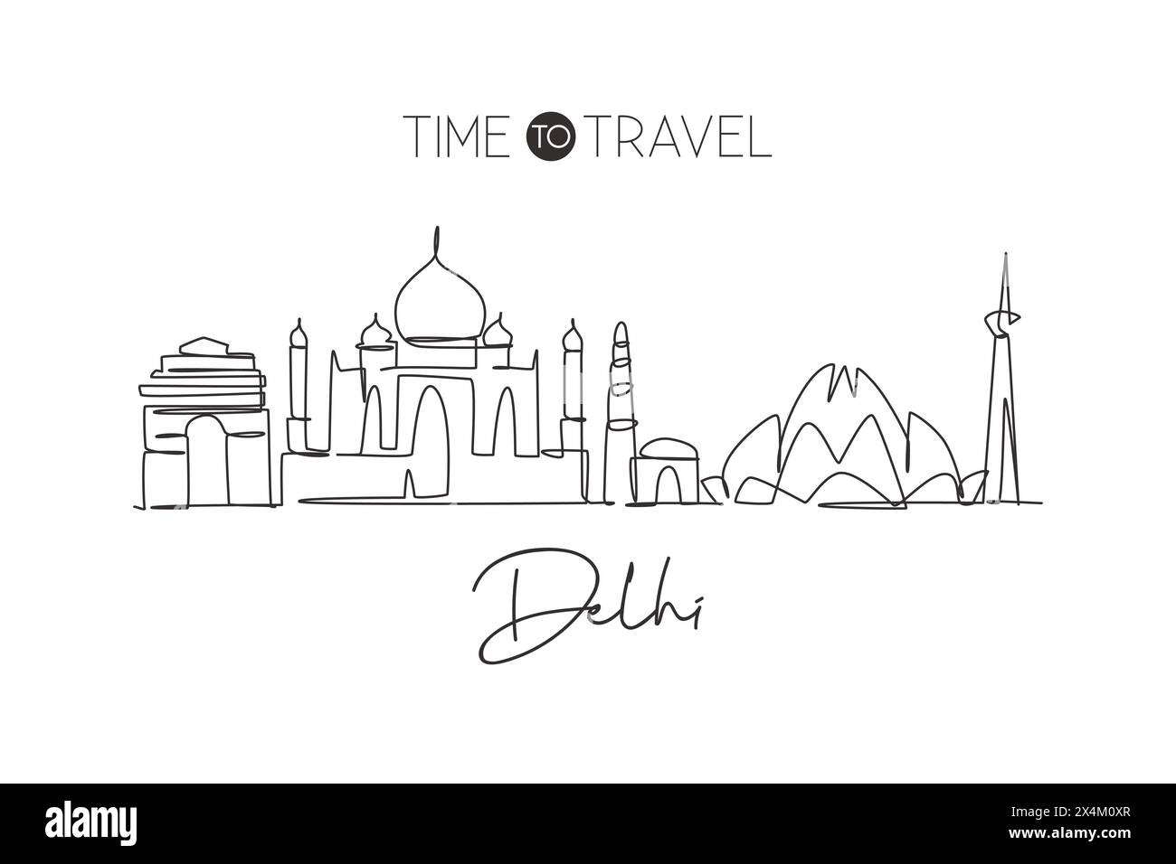 Single continuous line drawing of Delhi skyline, India. Famous city ...