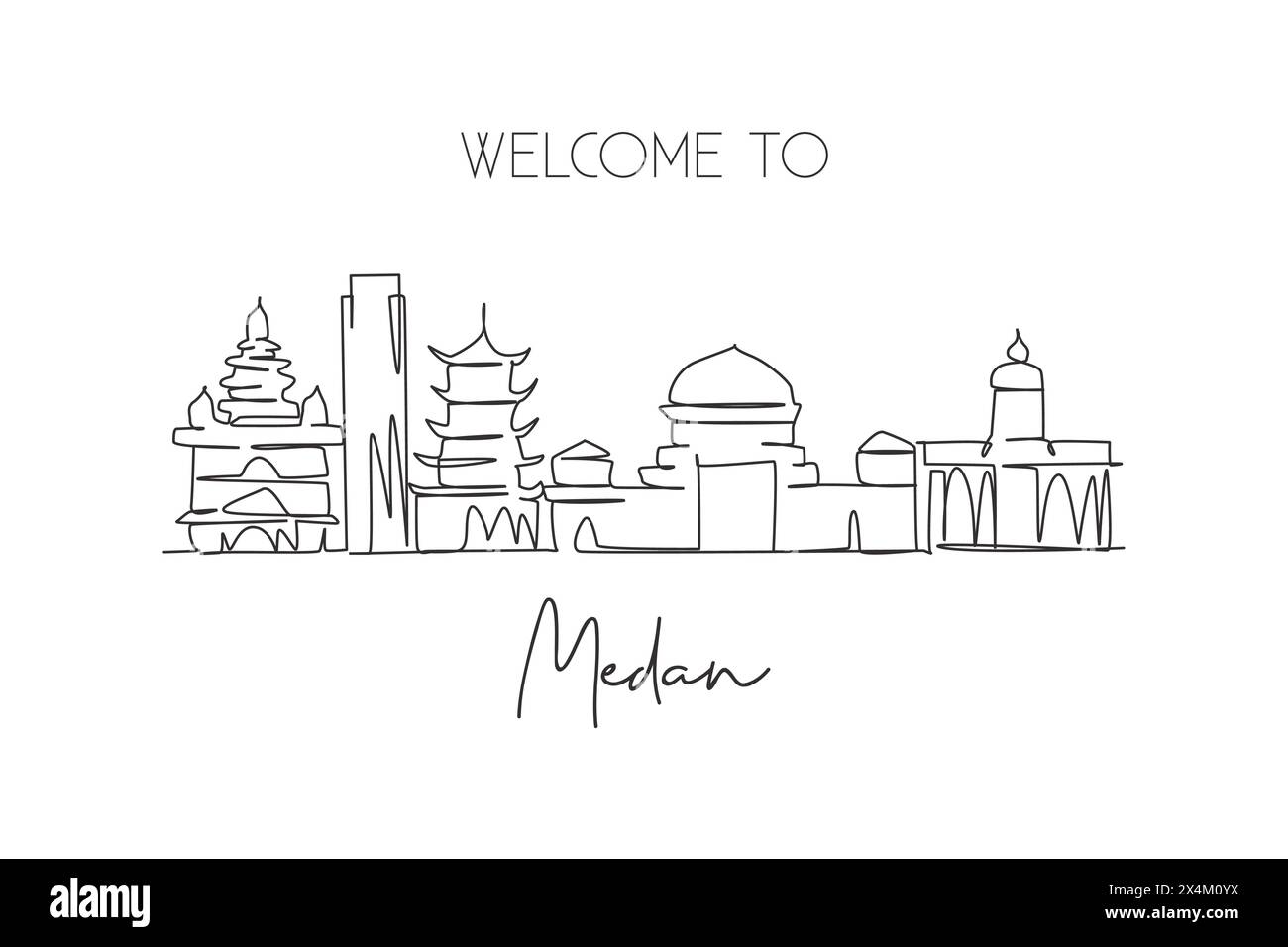 Single continuous line drawing of Medan city skyline, Indonesia. Famous ...