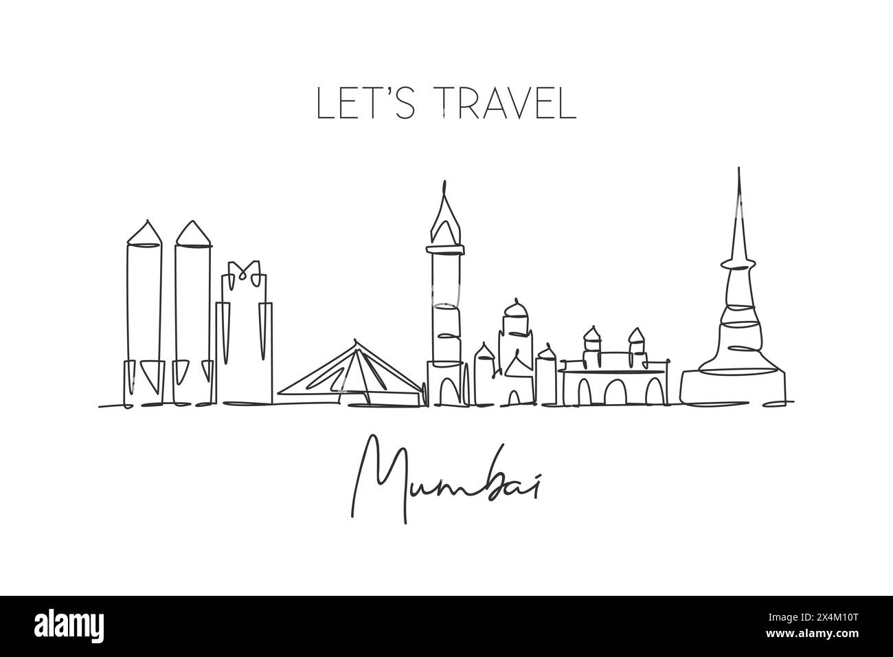 Single continuous line drawing of Mumbai city skyline, India. Famous ...