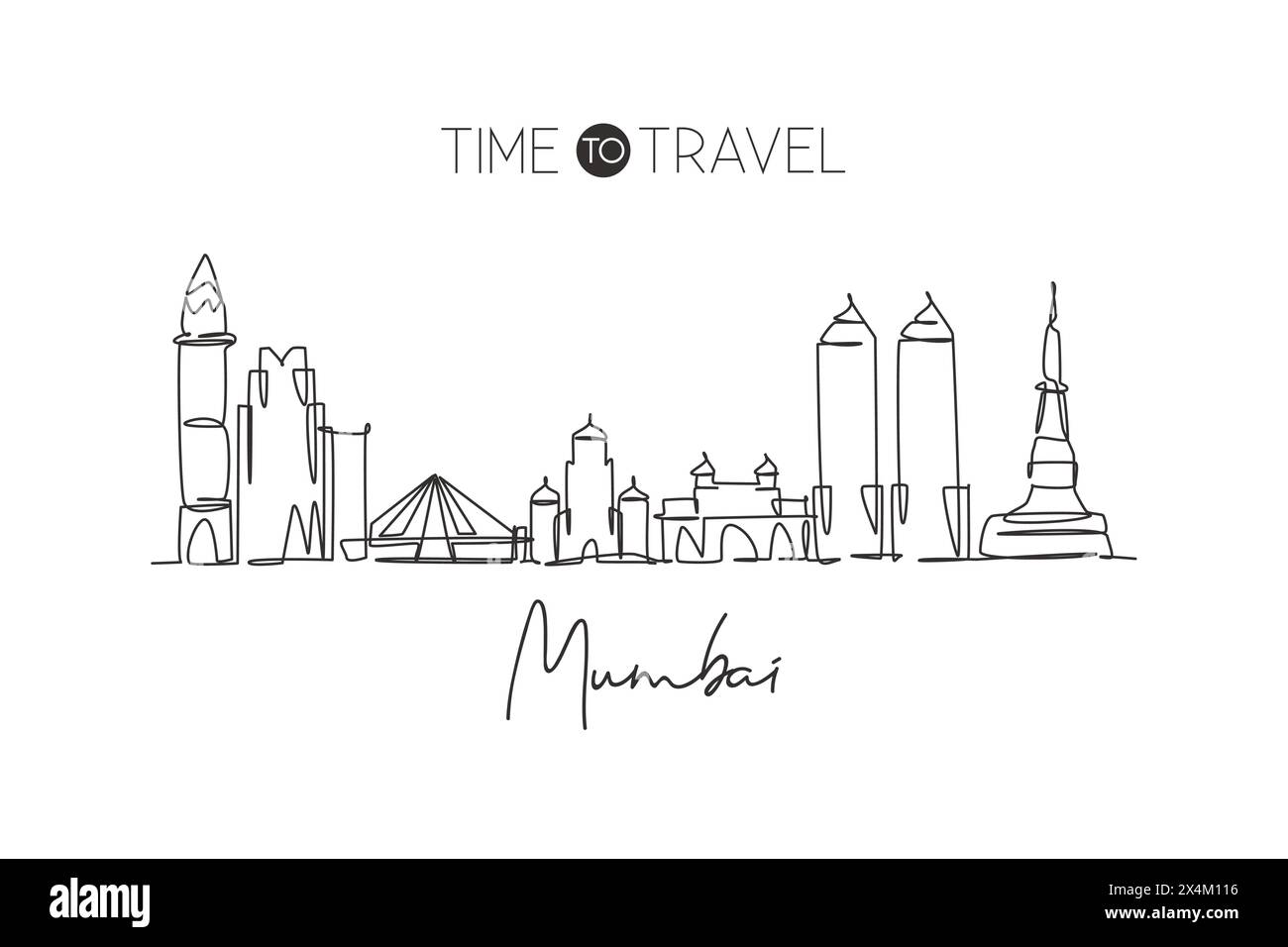 One single line drawing of Mumbai city skyline, India. Historical town ...