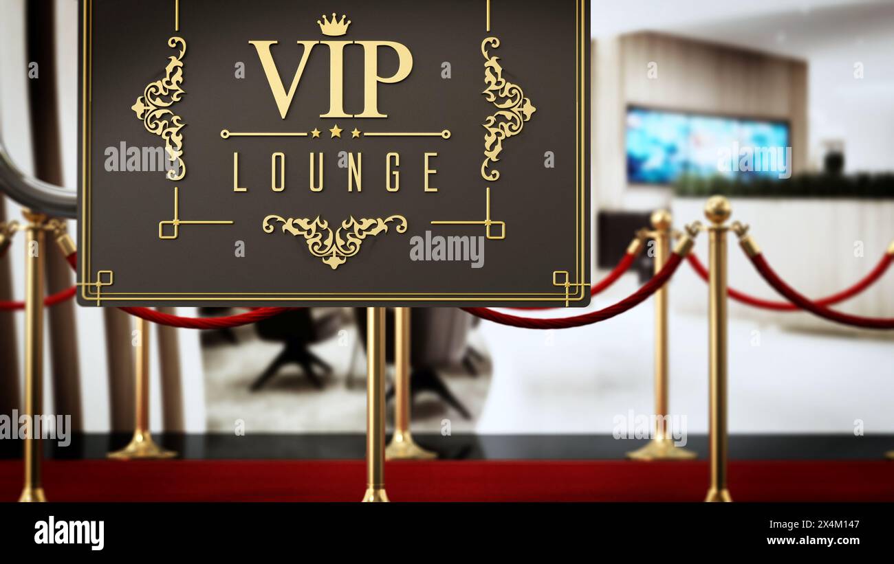 VIP lounge signboard with red carpet and velvet ropes. 3D illustration ...