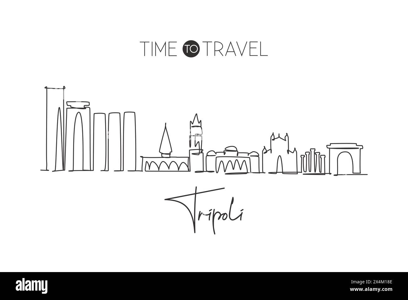Single continuous line drawing of Tripoli city skyline, Libya. Famous ...
