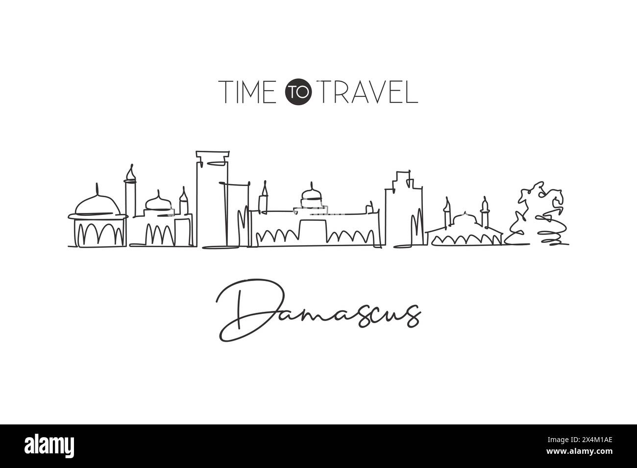 One single line drawing of Damascus city skyline, Syria. Historical ...