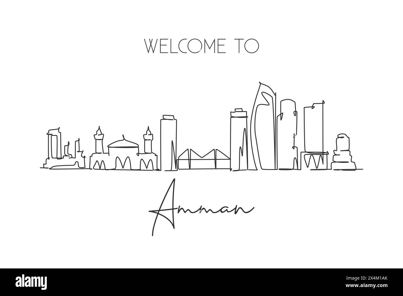 One single line drawing of Amman city skyline, Jordan. Historical town ...