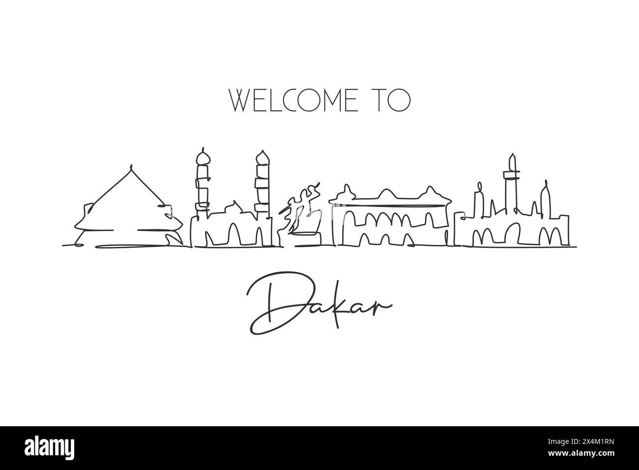 Single continuous line drawing Dakar city skyline, Senegal. Famous city ...